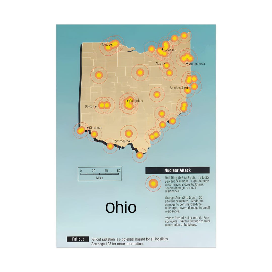 Ohio Nuclear Attack Map Rolled Poster, Emergency Preparedness Wall Art ...