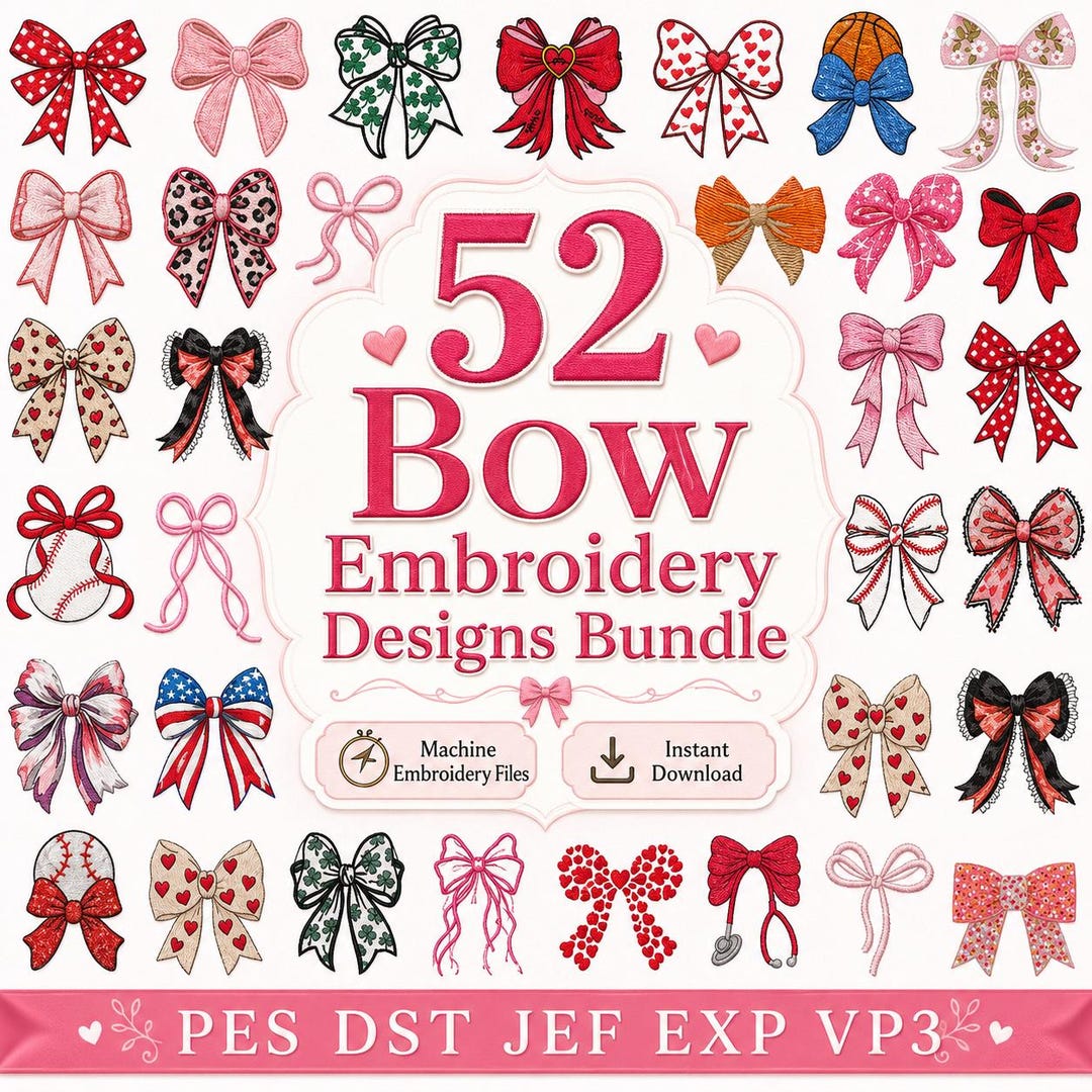 52 Bow Embroidery Designs Bundle, Coquette Ribbon Bow Machine ...