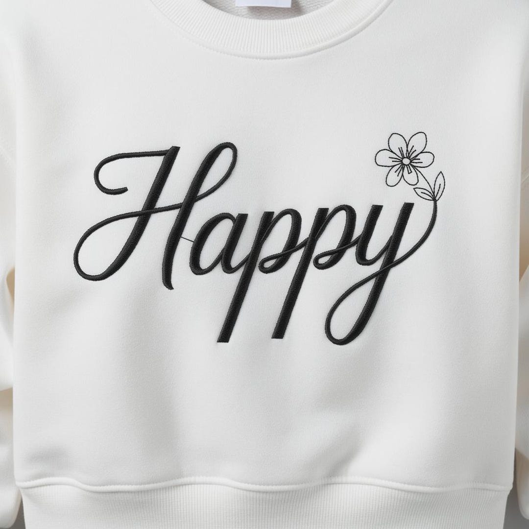 Happy Embroidery Design, Cursive Word With Flower, Floral Script Text ...