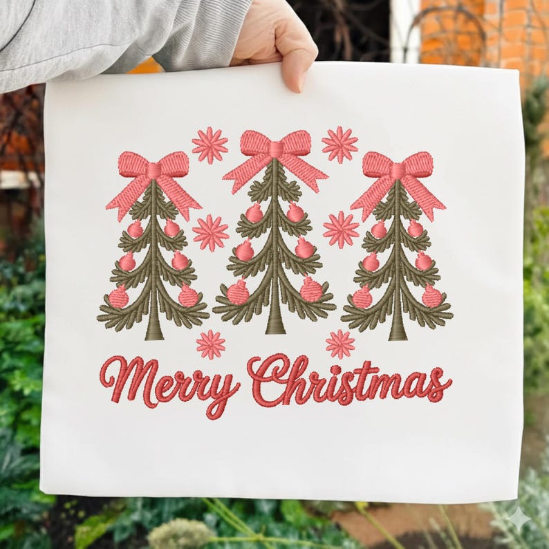 Pink Christmas Tree Embroidery Design: Holiday Bow & Ornaments - Etsy
