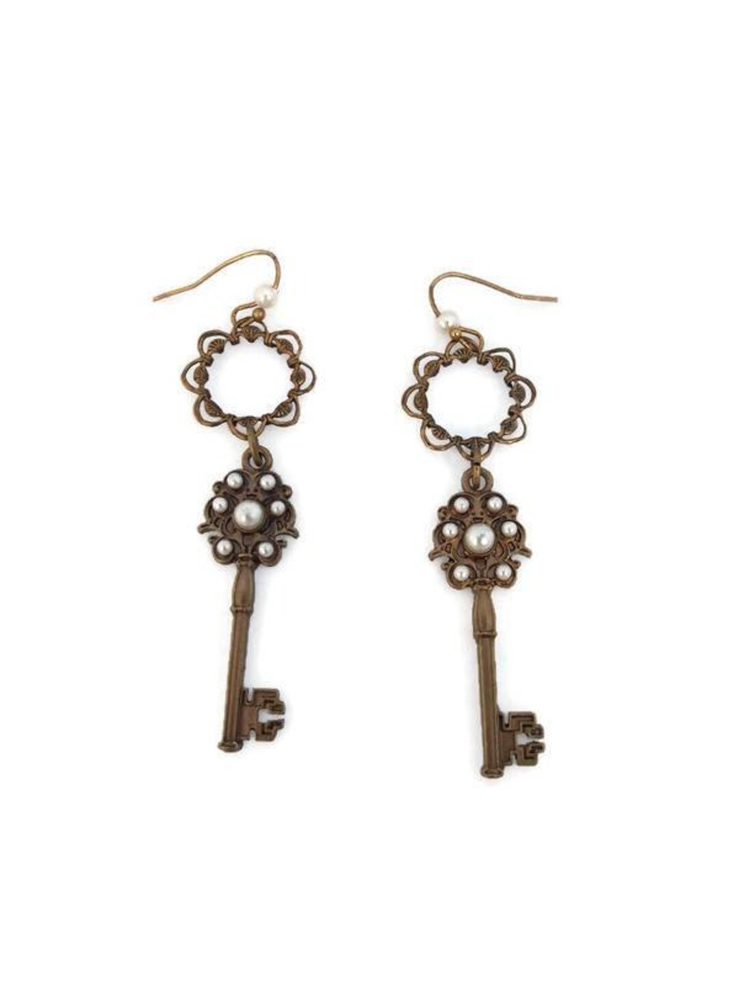 Elegant Key Earrings - Handcrafted Pearls Brass Fancy Fun One of a Kind ...