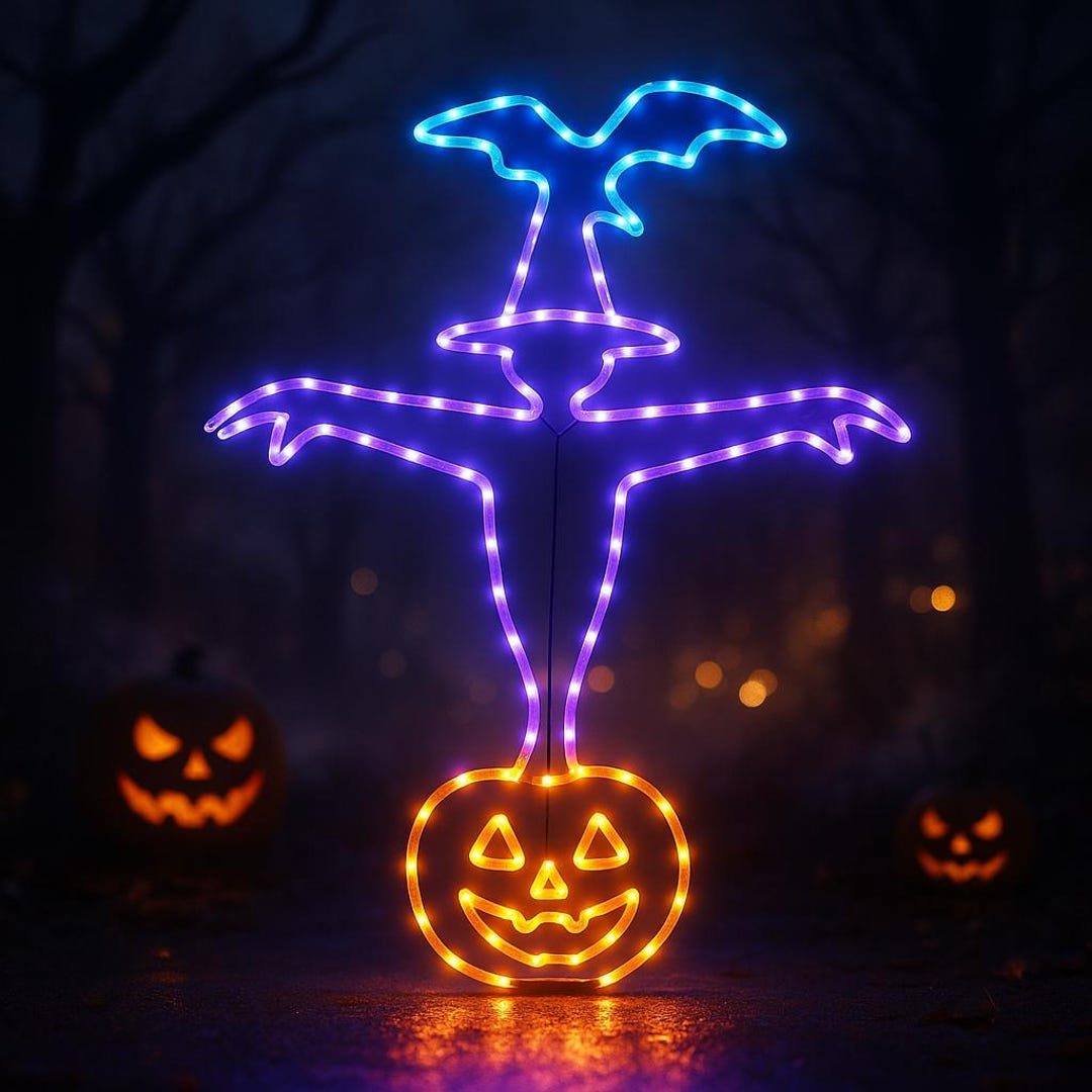 Halloween Wire Art Template, Glowing Scarecrow With Bat and Pumpkin ...