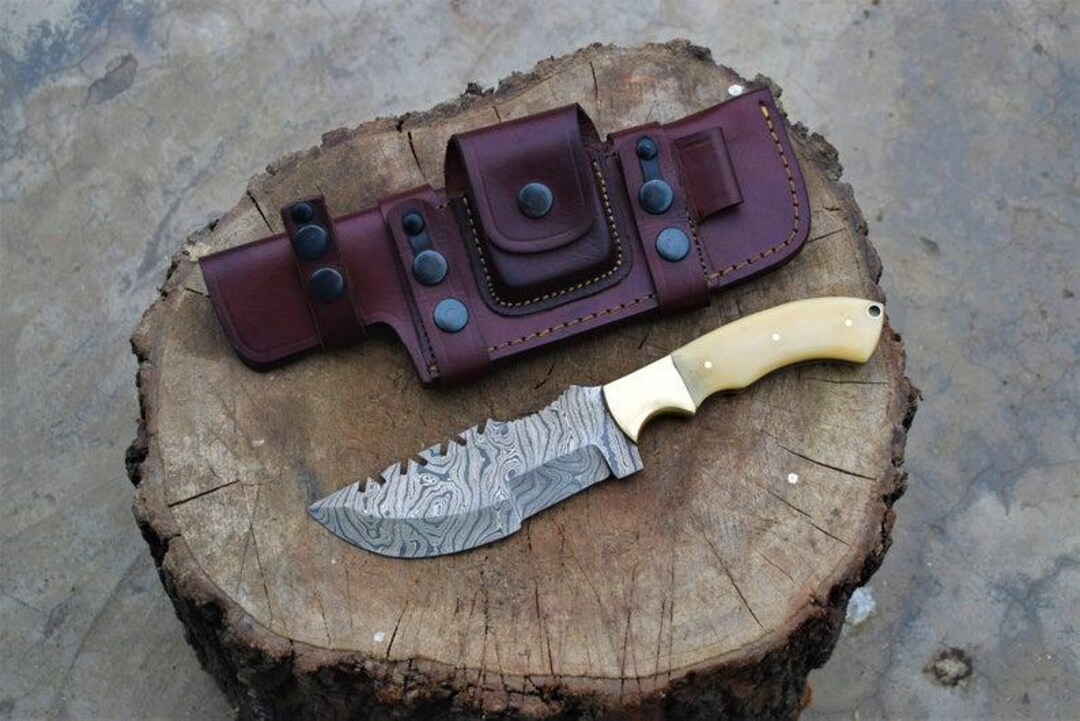 12" Custom Handmade Tracker Knife Beautiful Damascus Steel Knife Bone ...