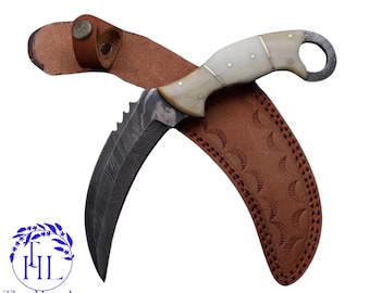 Handmade Damascus Steel Karambit Knife: Camel Bone Handle, Leather ...