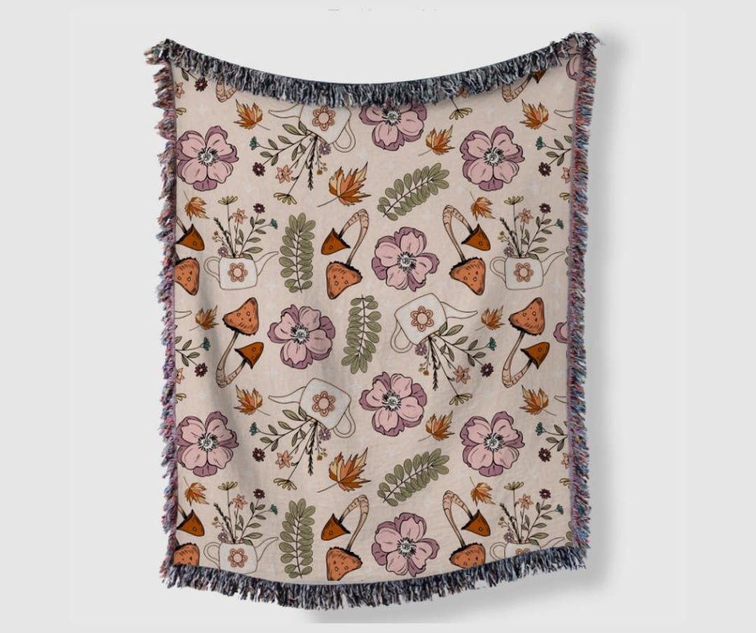 Mushroom Floral Blanket, Cottagecore Woven Throw, Botanical Tapestry ...