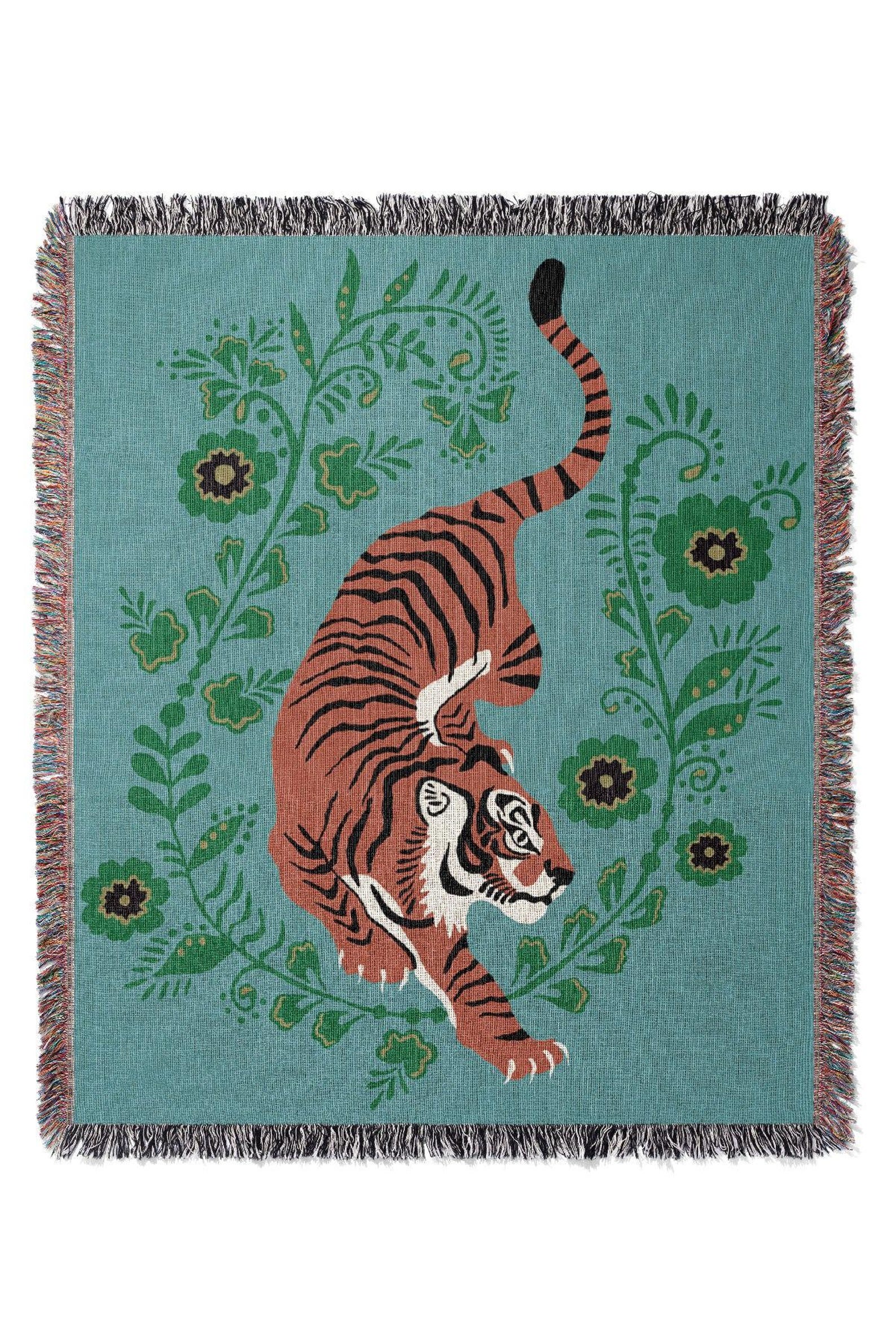 Floral Tiger Woven Throw Blanket –bold Jungle-inspired Jacquard ...
