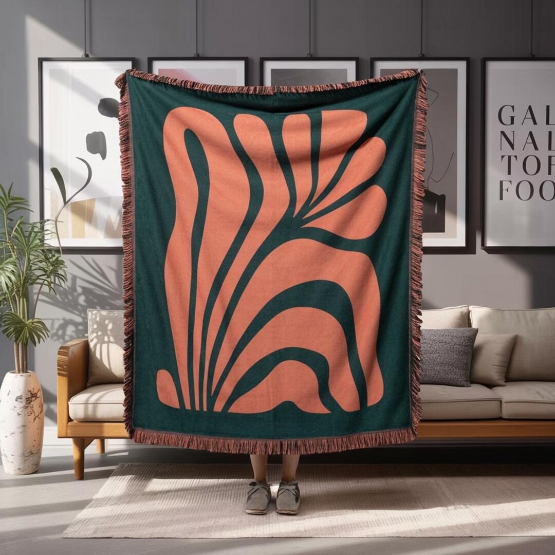 Retro Organic Woven Blanket, Modern Abstract Design Throw, Warm Earthy ...