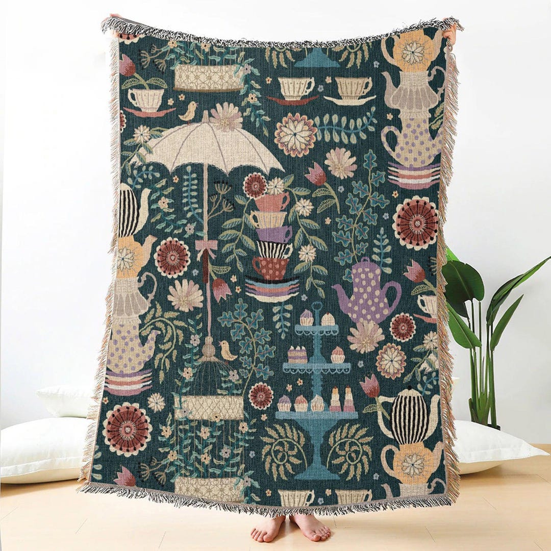 Whimsical Garden Tea Party Woven Blanket – Jacquard Throw With Teapots ...