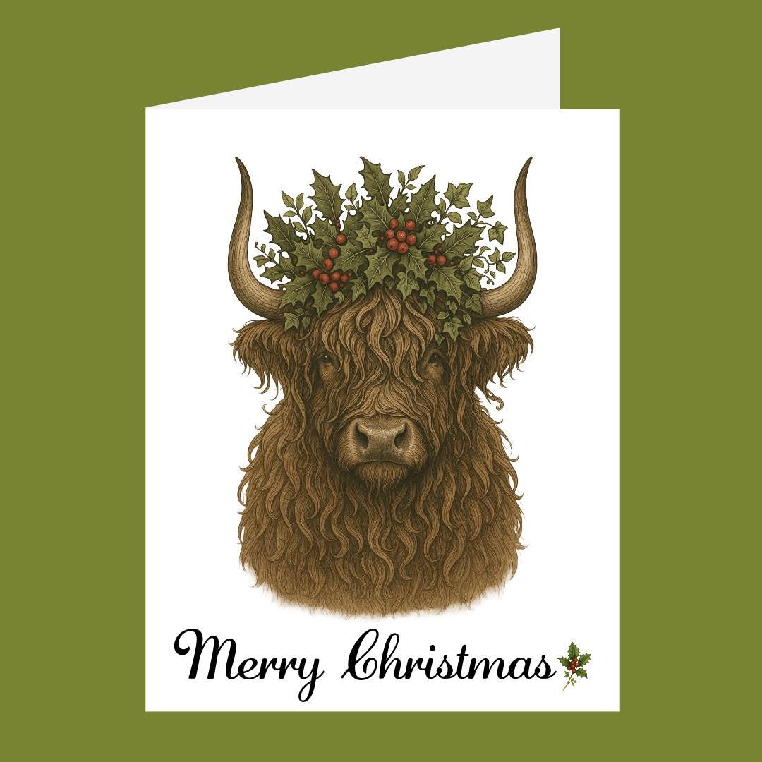 Highland Cow, Holly Coronet Merry Christmas Greetings Card 5" X 7" - Etsy