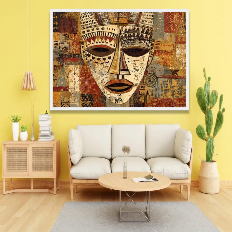 Tribal Abstract Face Canvas Wall Art, African Mask Painting, Ethnic ...