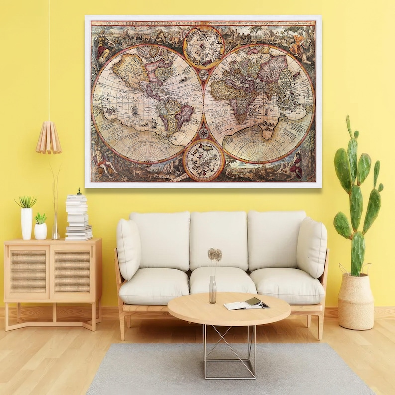 Vintage World Map Canvas Wall Art, Antique Globe Illustration, Large ...