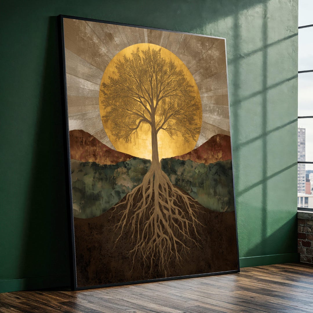 Golden Sun Tree Canvas Wall Art, Nature Landscape With Roots, Spiritual ...