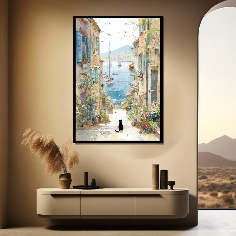 Coastal Alley Cat Wall Art - Mediterranean Seaside Canvas Print ...