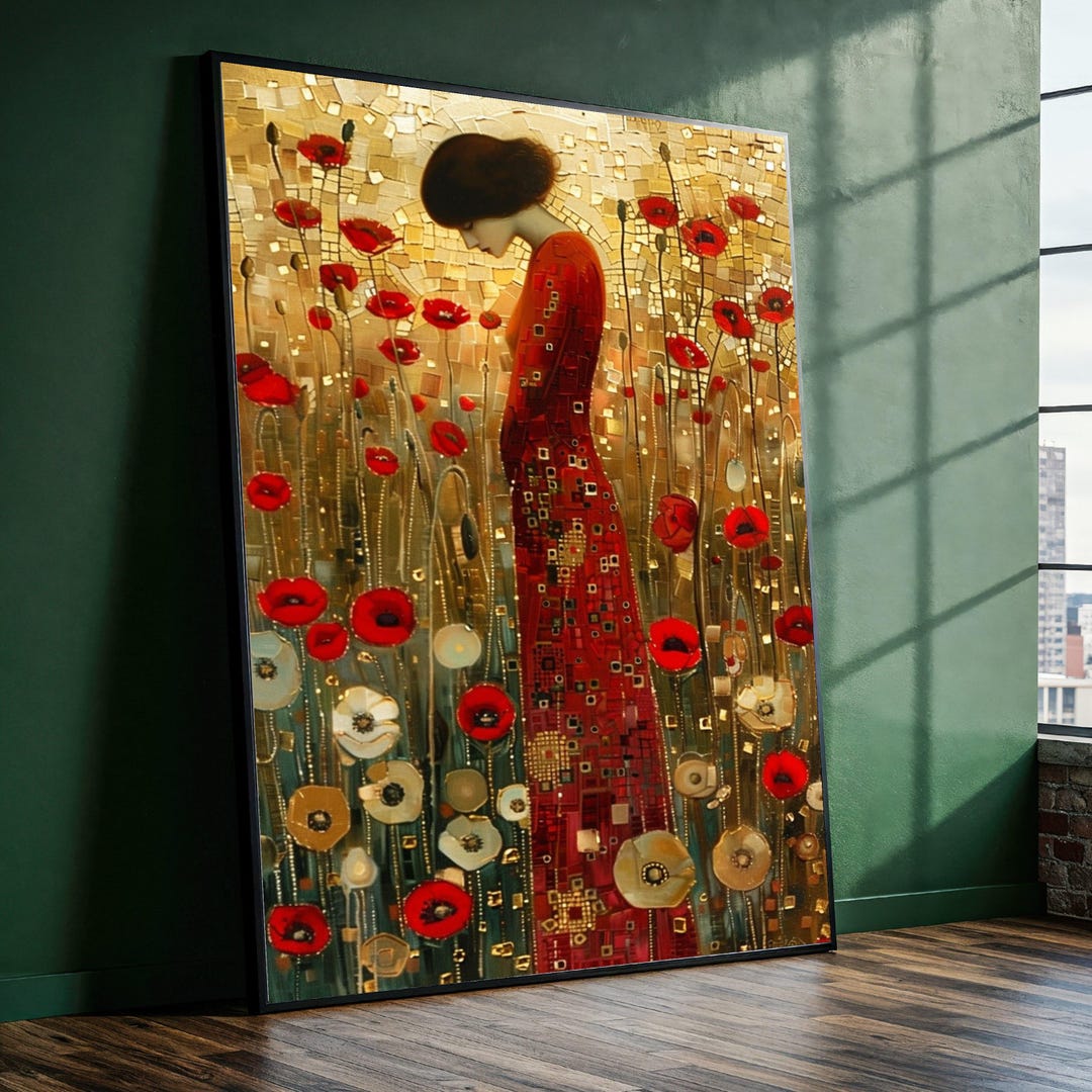 Gustav Klimt – Lady of the Red Poppies Wall Art, Romantic Gift, Elegant ...
