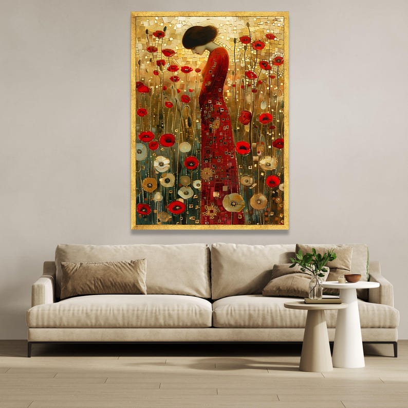 Gustav Klimt – Lady of the Red Poppies Wall Art, Romantic Gift, Elegant ...