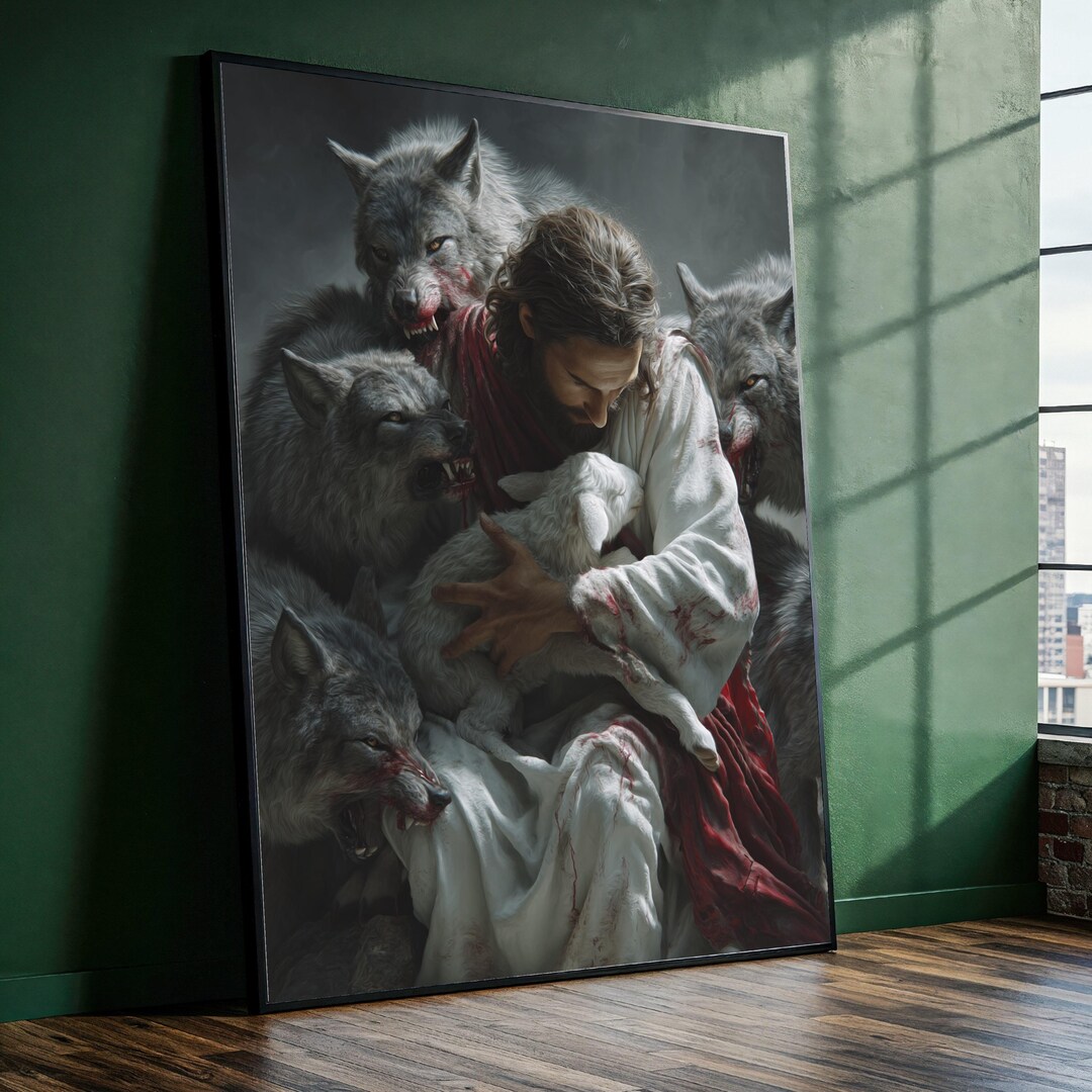 Jesus Holding Lamb With Wolves Surrounding, Dramatic Religious Canvas ...