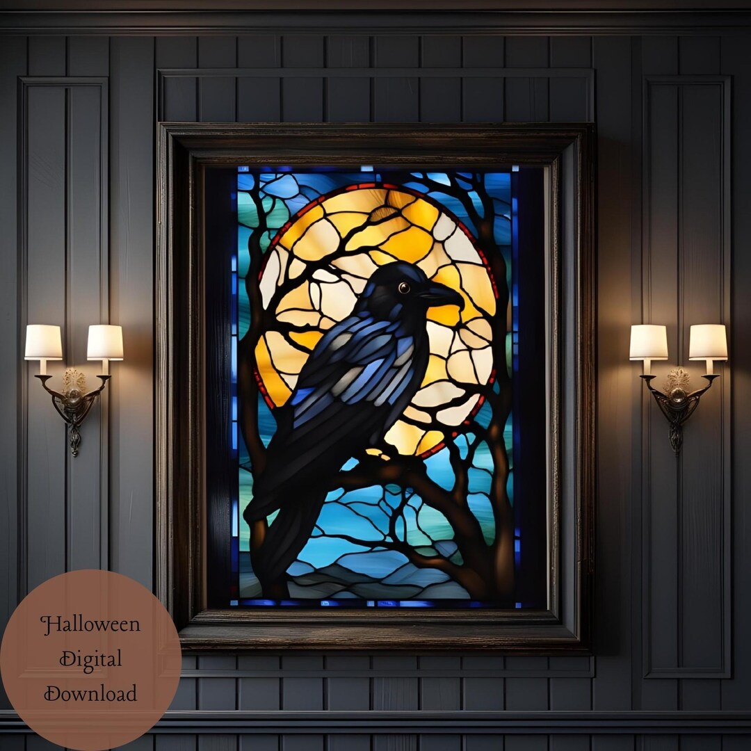 Crow Stained Glass | Halloween Crow Printable | Crow Decor Halloween ...