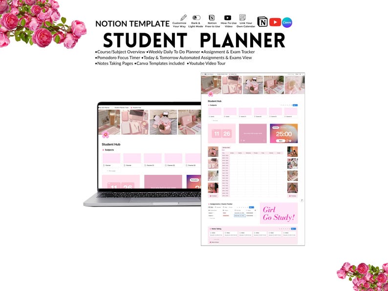 Academic Planner 2026, Notion Study Template, Assignment Tracker, Pink, Student, University ...