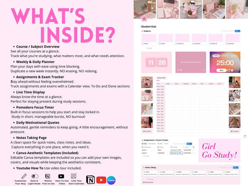 Academic Planner 2026, Notion Study Template, Assignment Tracker, Pink, Student, University ...
