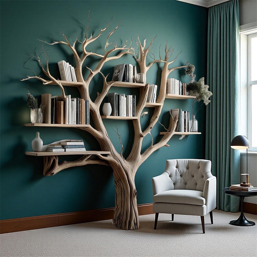 Handcrafted Solid Wooden Bookshelf With Tree Branches Nature-inspired ...