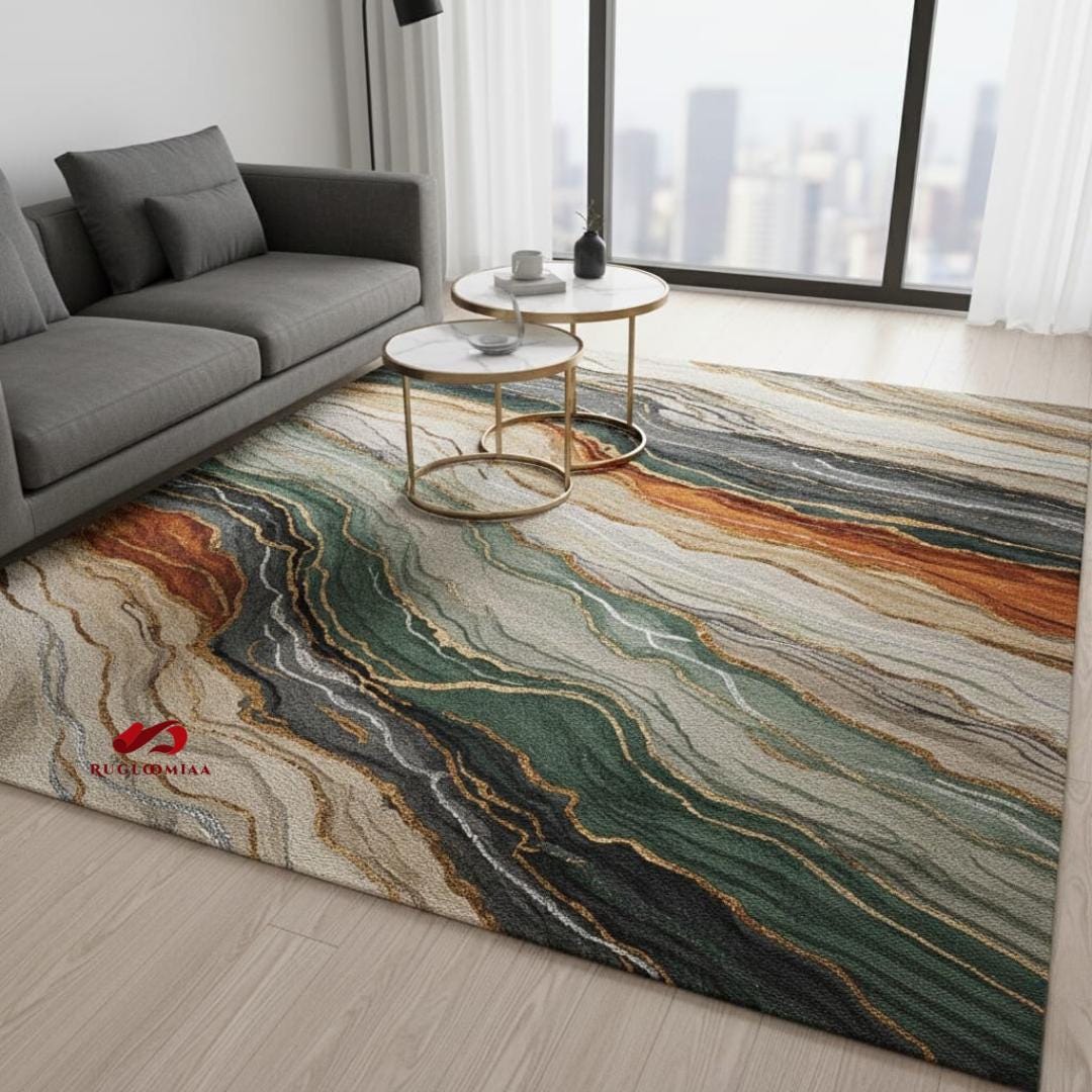 Hand-tufted Wool Area Rug – Modern River Flow, Green & Beige Carpet - Etsy