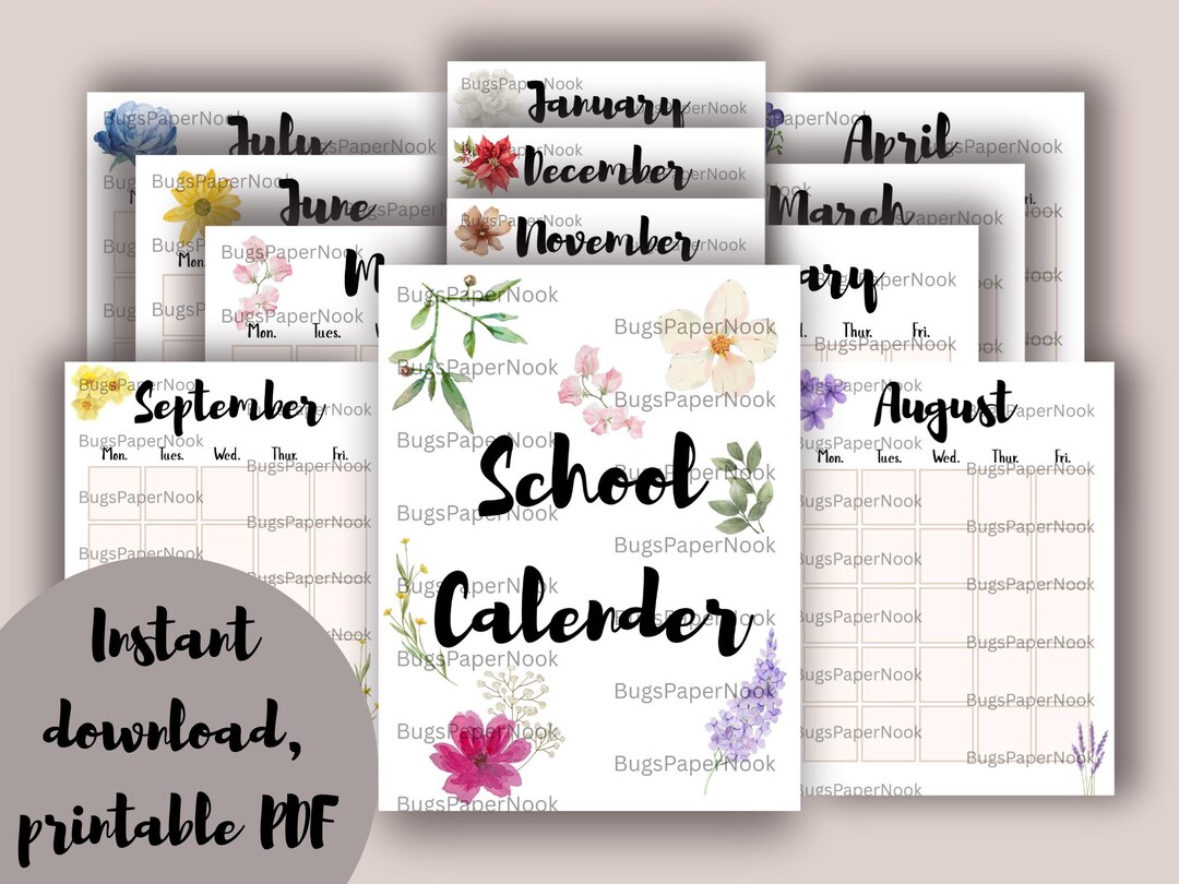 Floral Monthly School Calendar | 12-month Printable PDF | Aug–july ...