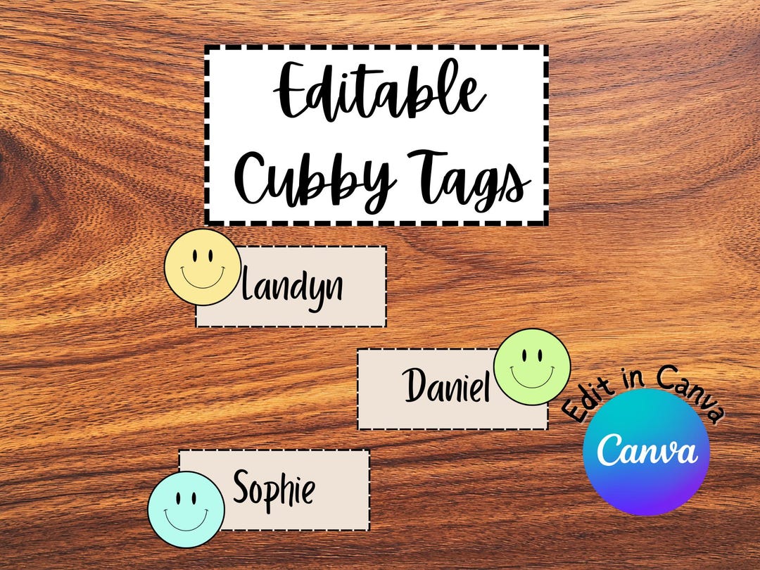 Smiley Face Cubby Tags | Editable Classroom Name Labels | Canva ...