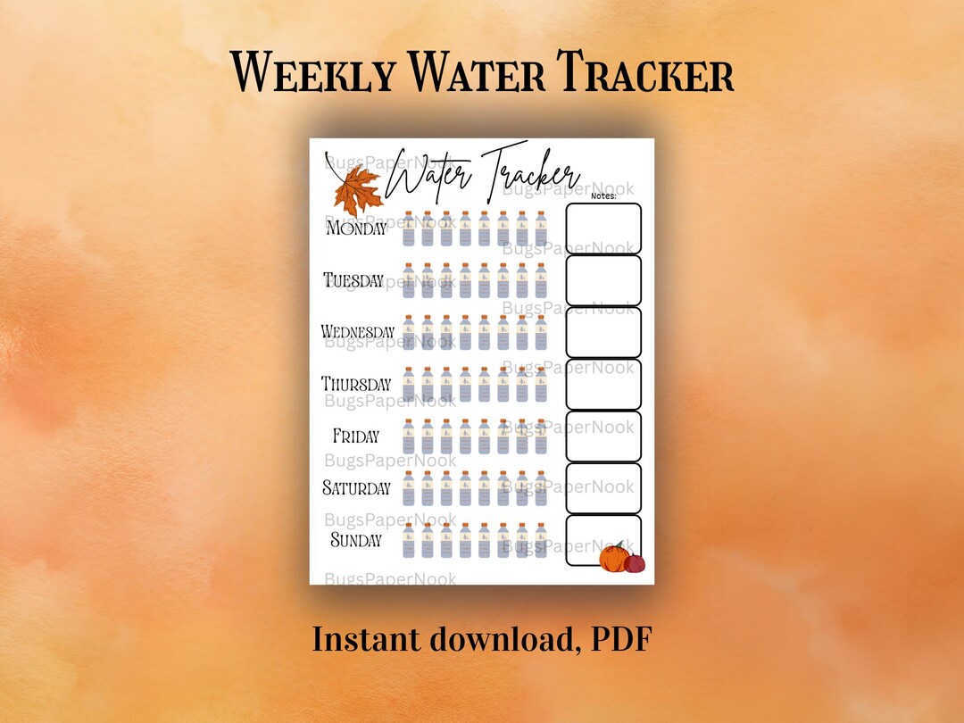 Fall Water Tracker Printable: Autumn Hydration Log With Notes (PDF ...