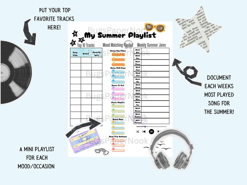 Summer Playlist Tracker: Printable Music Journal (digital Download, PDF ...