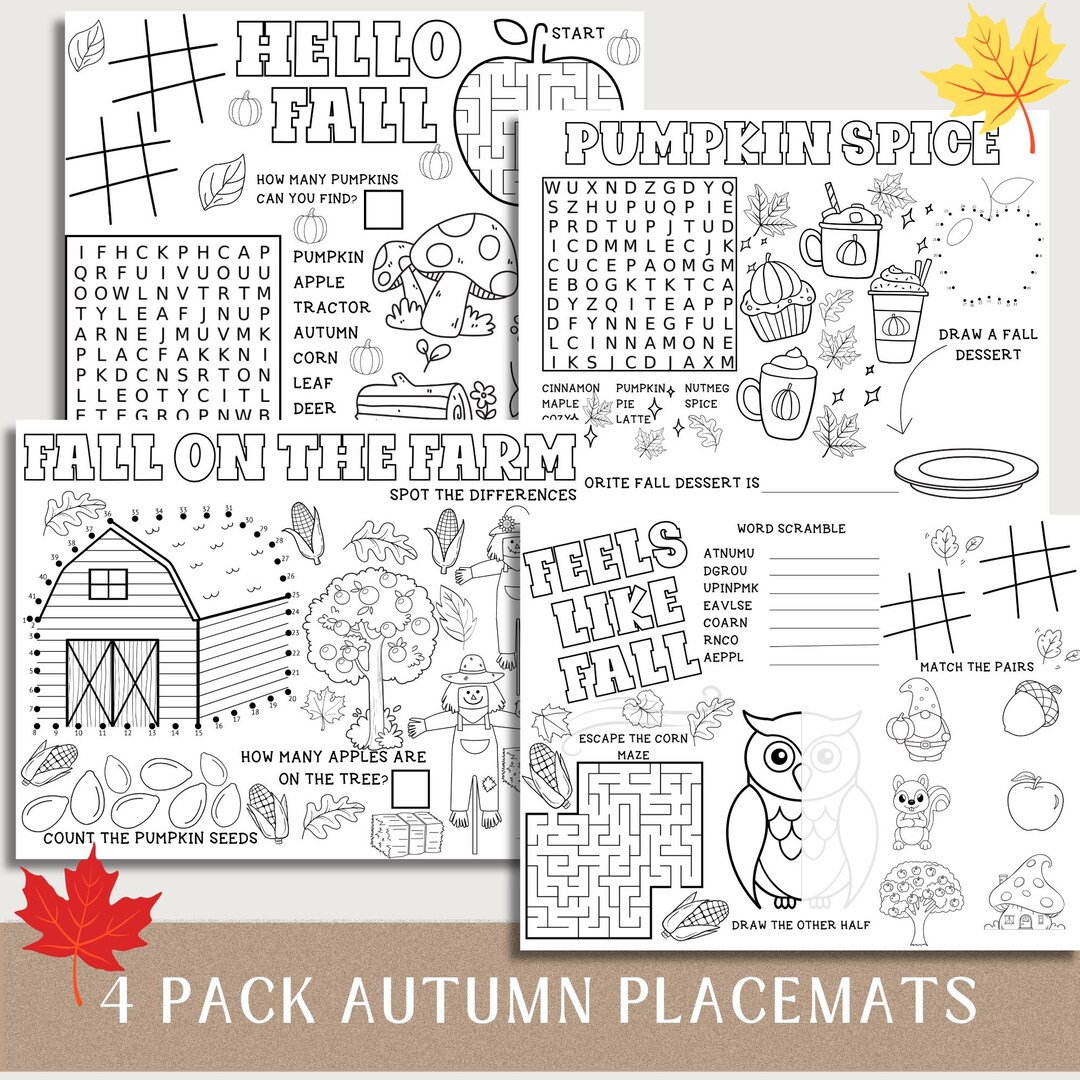 Printable Fall Activity Placemat Bundle: Autumn Games for Kids (PDF ...
