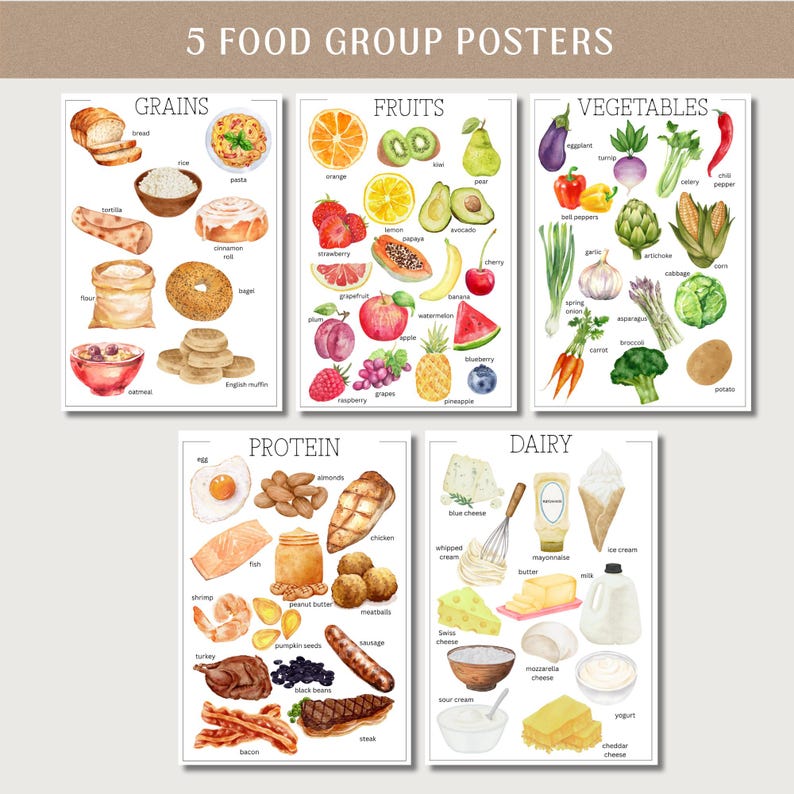 Food Group Posters: Nutrition Chart, Montessori Playroom Classroom Art ...