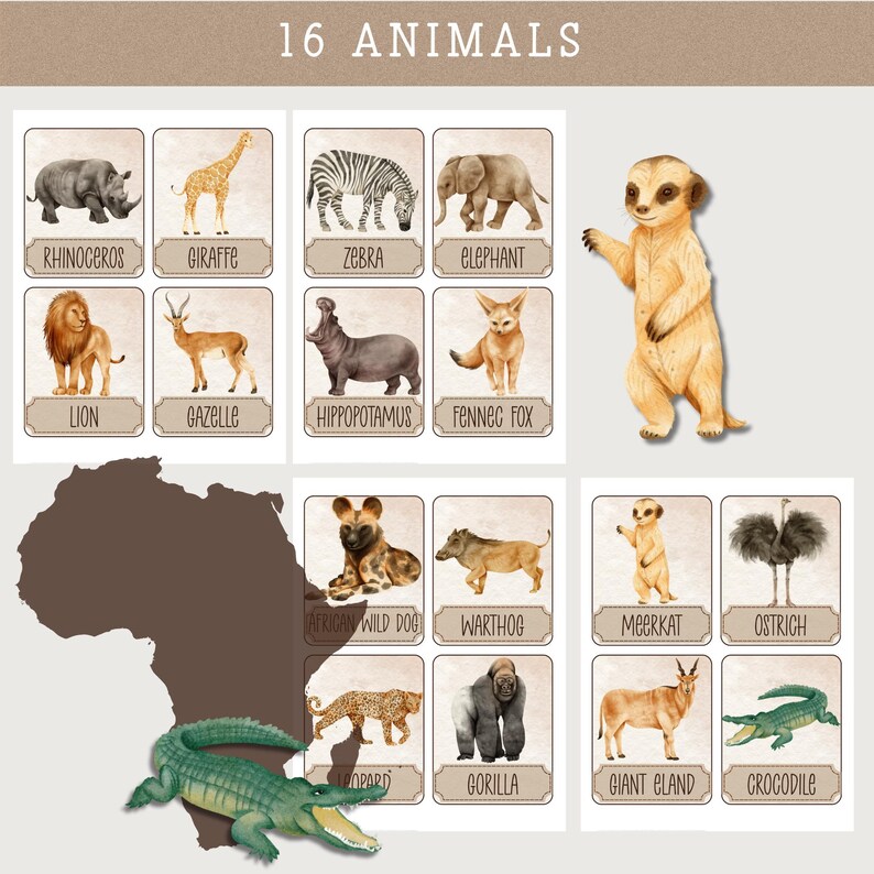 Safari Animals Flashcards for Kids: 16 Montessori Watercolor African ...