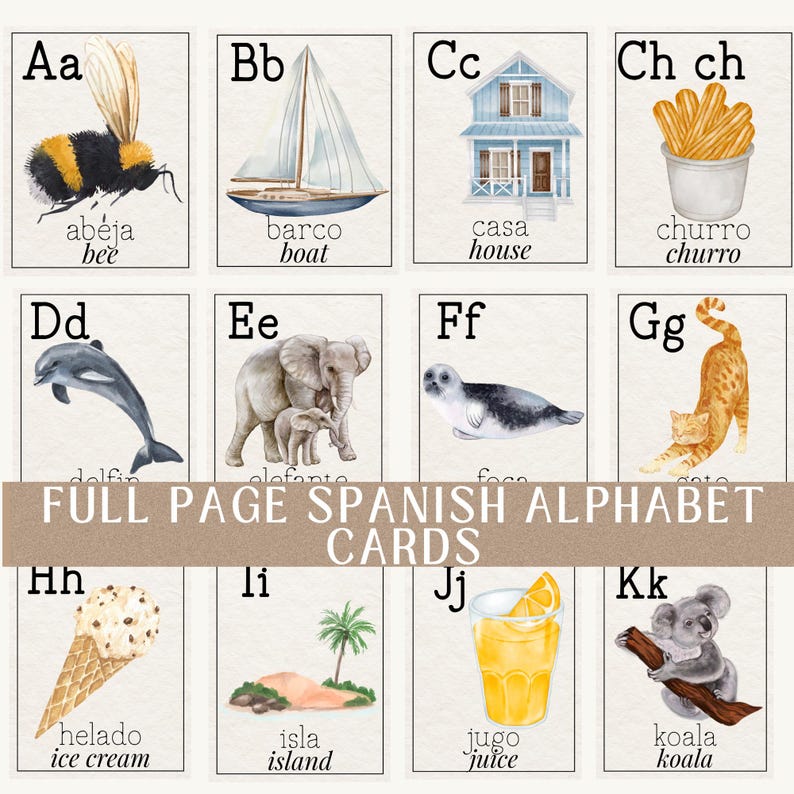 Spanish Alphabet Flashcards: Bilingual ABC Cards (PDF Printable) - Etsy