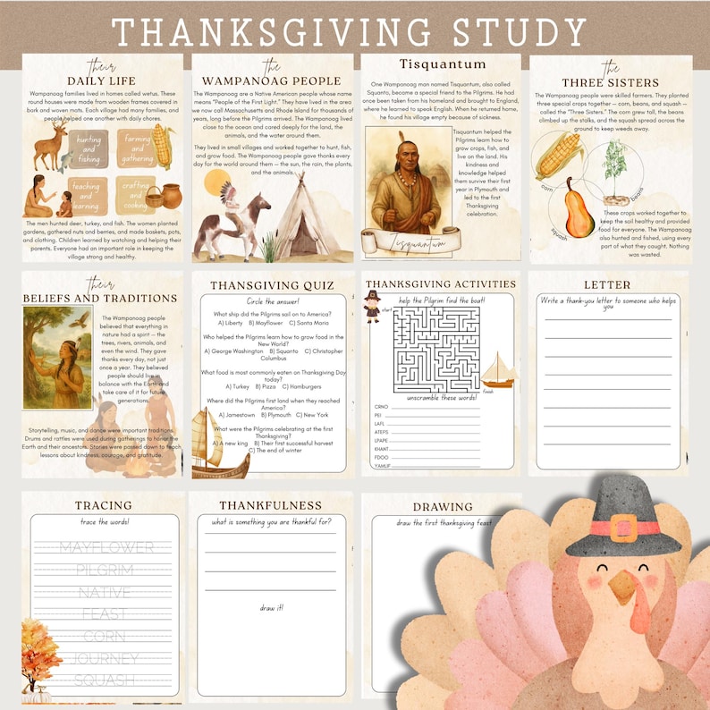 Thanksgiving Unit Study: Pilgrims, Wampanoag, Turkey (PDF) - Etsy