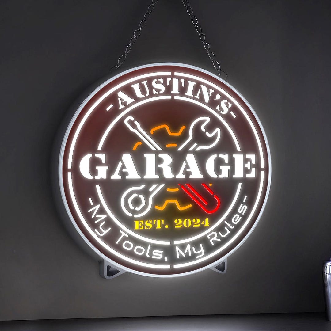 Garage Personalized Cutout-style LED Lightbox With Custom Name, Rustic ...