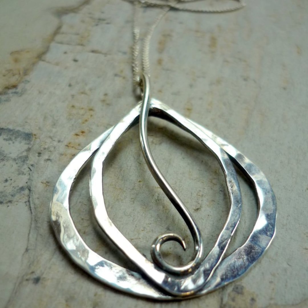 Sterling Silver Pendant, Long Silver Necklace, Elliptical Silver ...