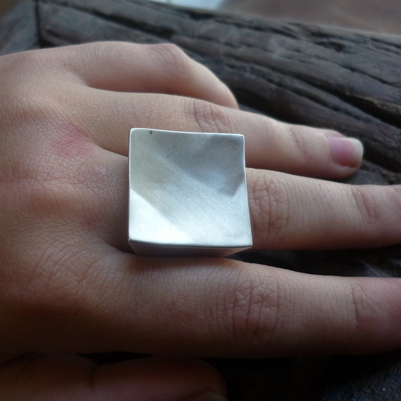 Statement jewelry Brushed Sterling Silver Ring Square Shape | Etsy