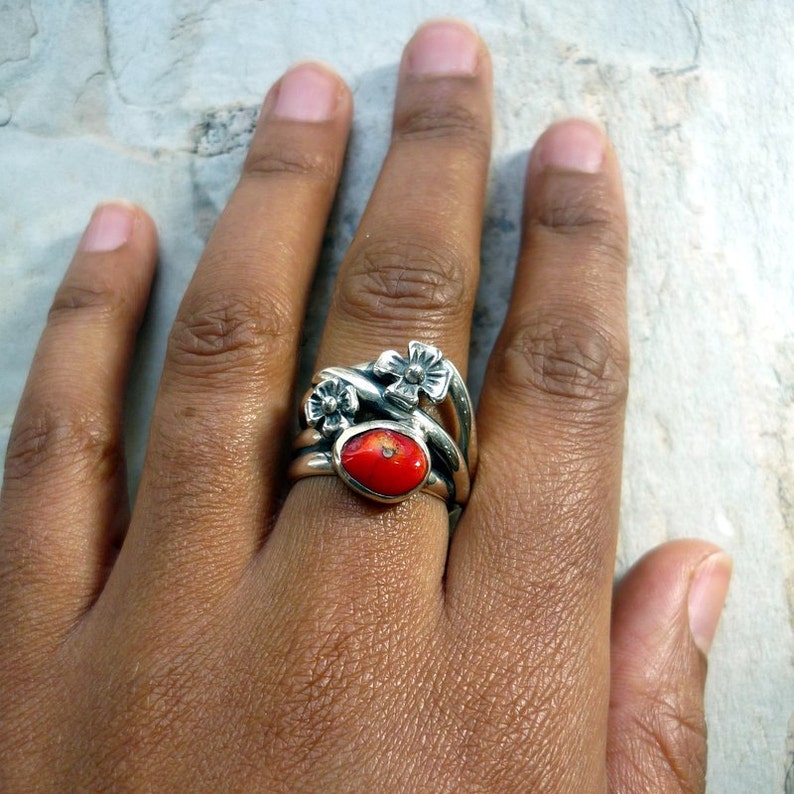 Sterling Silver Floral Ring Wide Silver Ring Silver and Red | Etsy