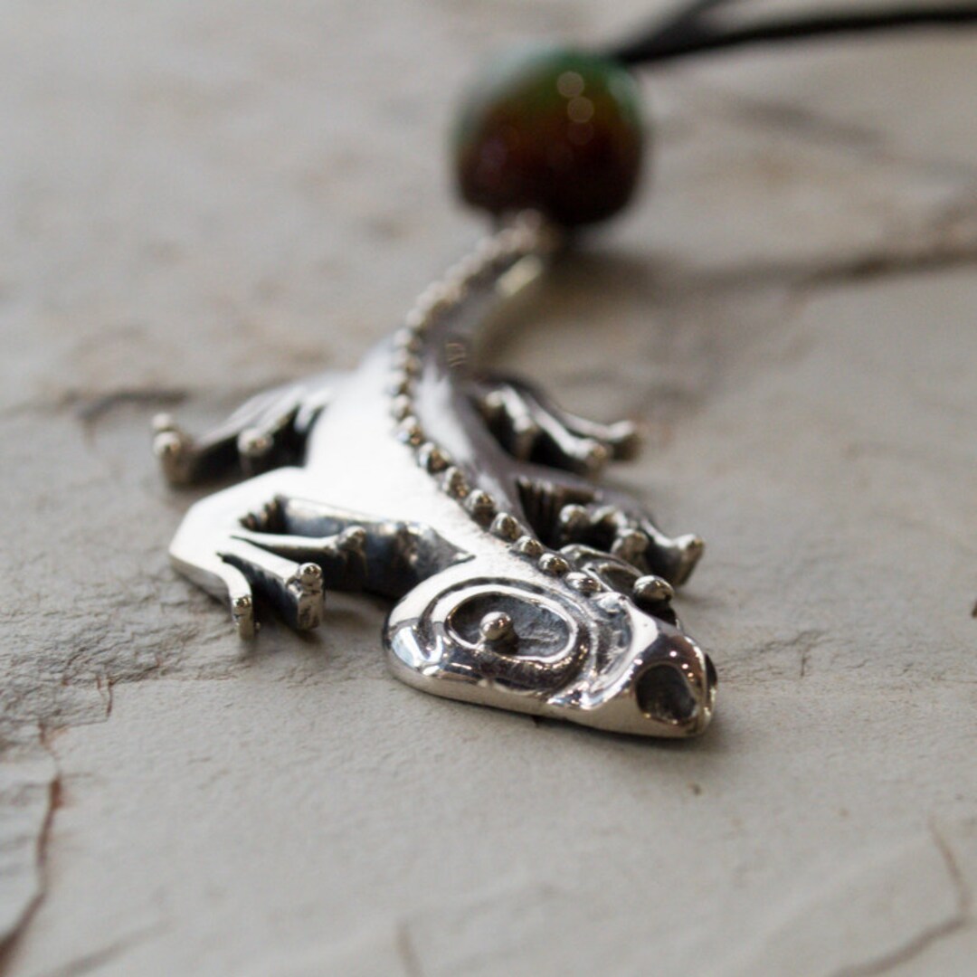 Lizard Necklace, Black Leather Necklace, Sterling Silver Pendant ...