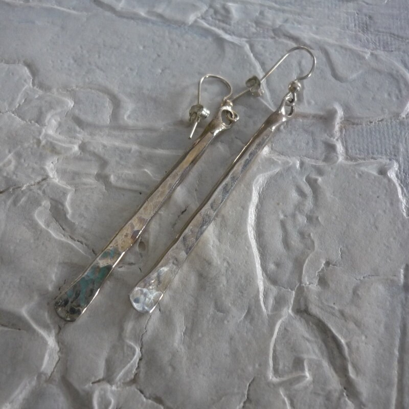Long Silver Bar Earrings, Long Stick Earrings, Hammered Sterling Silver ...