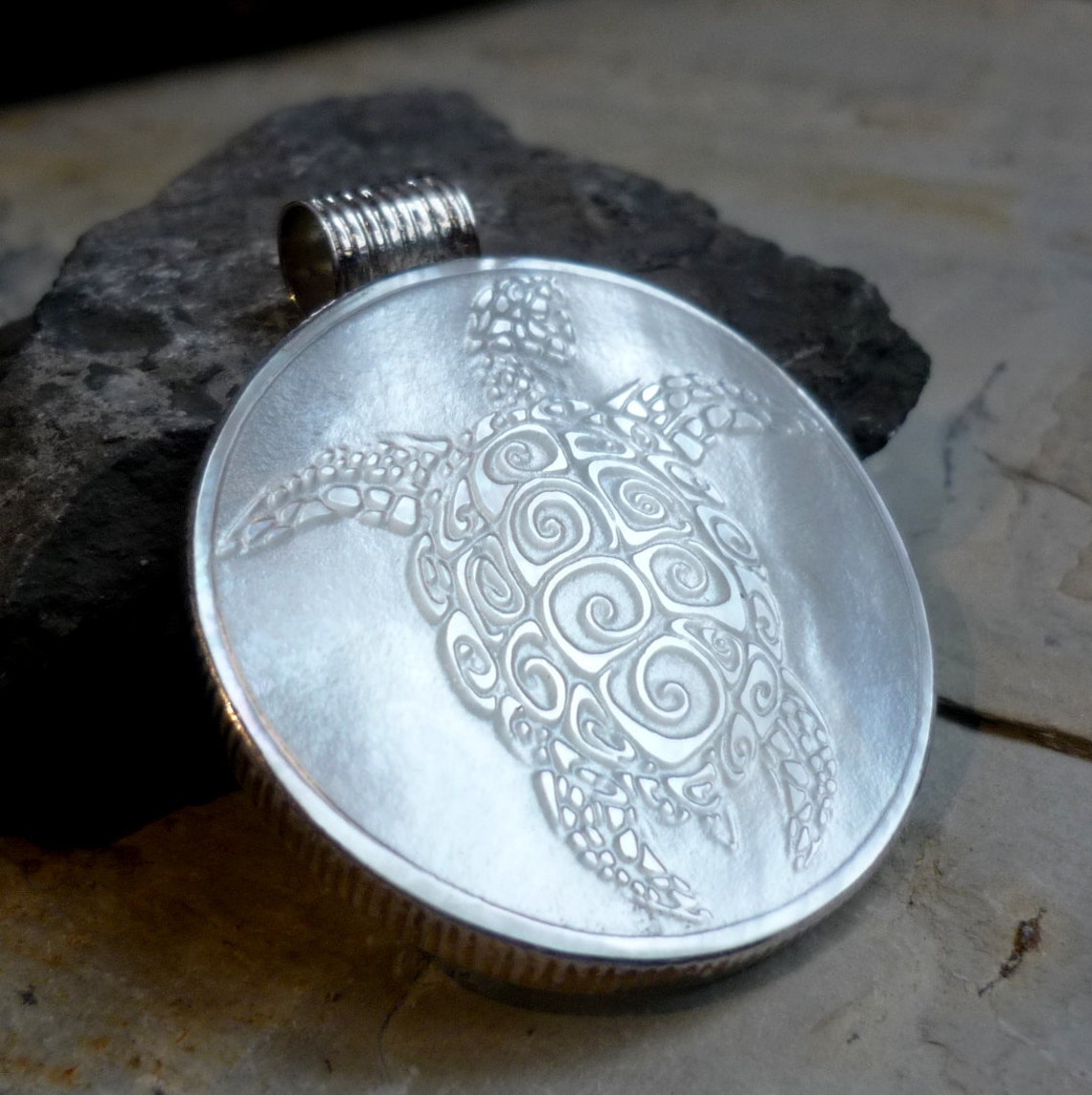 Turtle Pendant Large Round Pendant Silver Shell Pendant - Etsy
