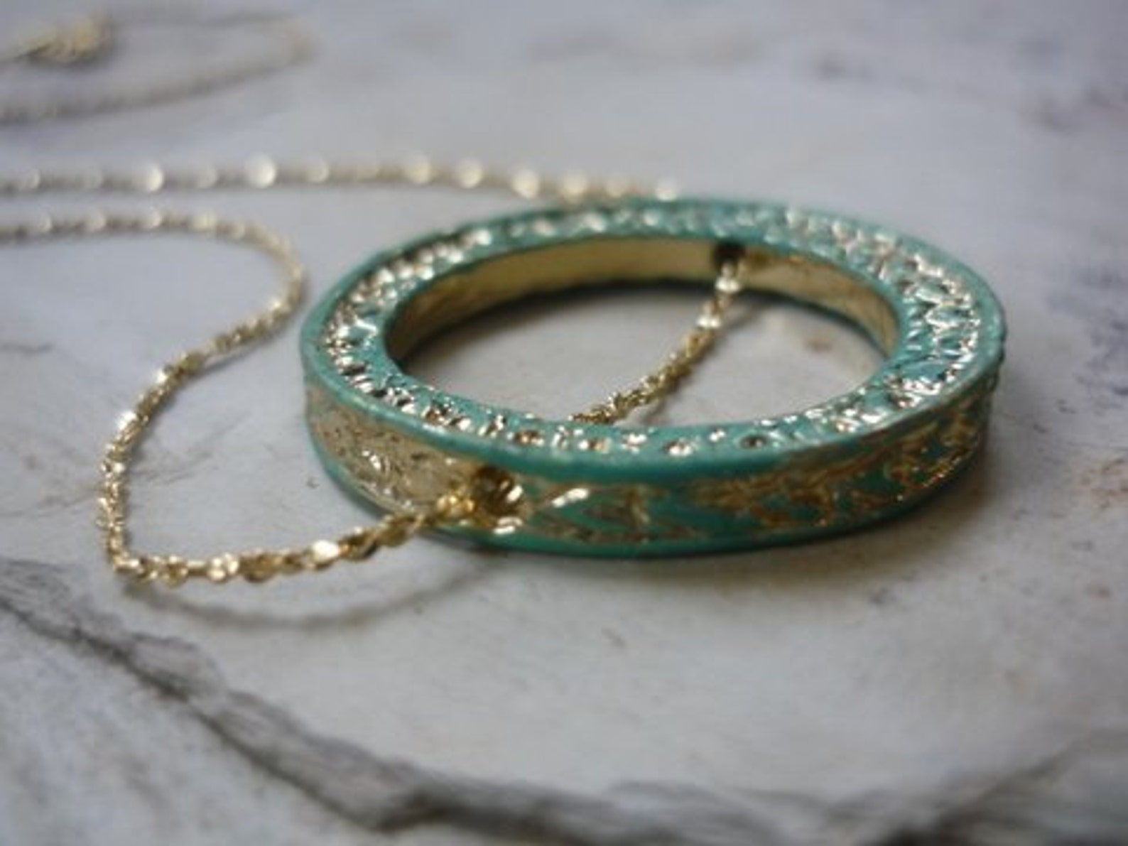 Patina Circle Pendant, Gold Plated Necklace, Round Patina Pendant ...