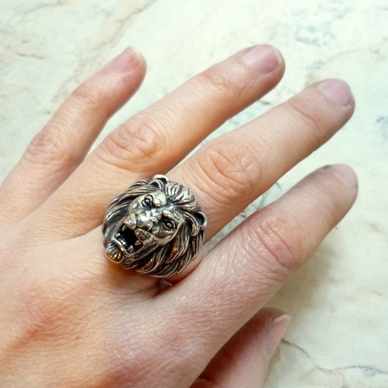 Lion Head Ring, Sterling Silver Lion Ring, Animal Ring, Chunky Silver ...