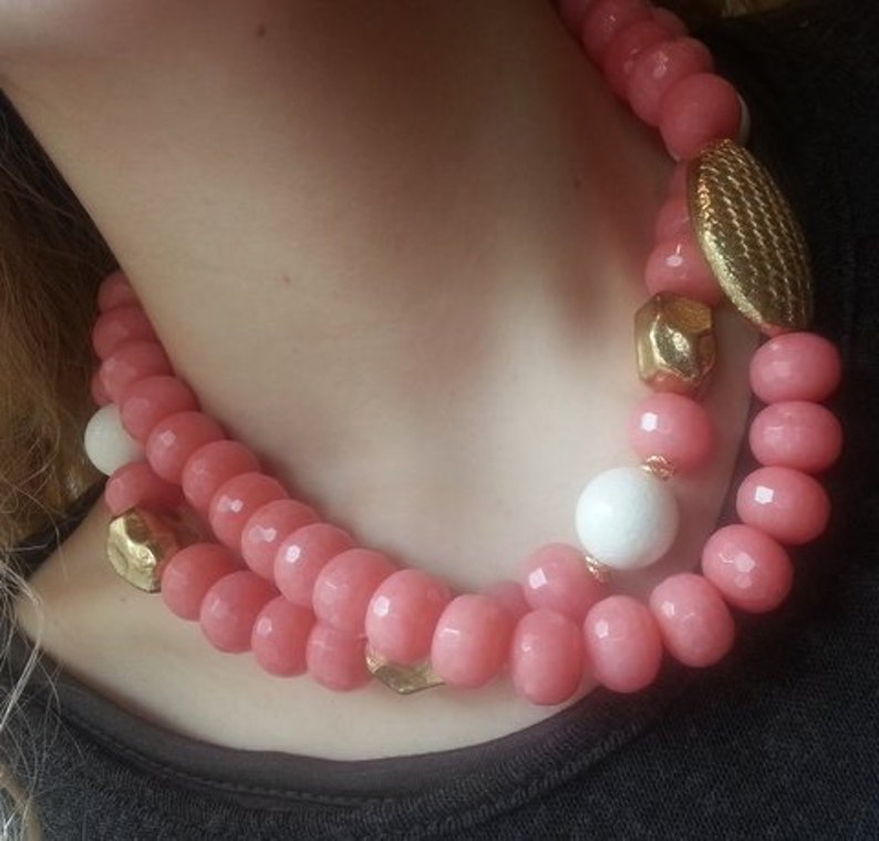 Set of Two Big Necklaces Salmon Color Faceted Stones Salmon - Etsy