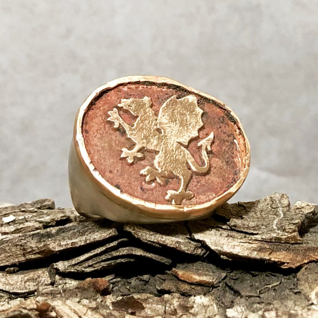 Large Lion Ring, Seal Ring, Signet Winged Lion Ring, Silver Gold Bronze ...