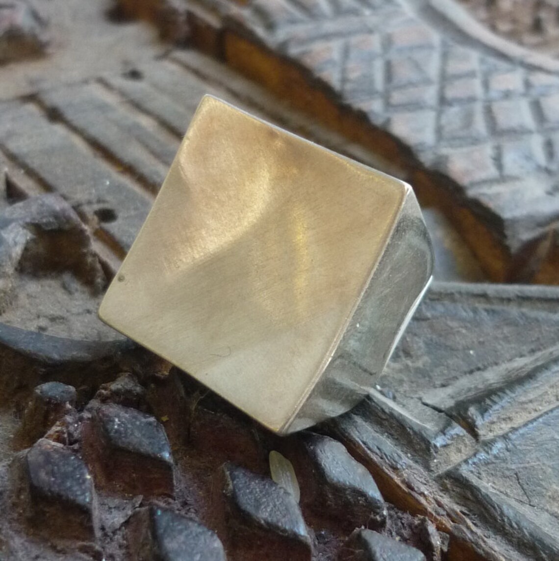 Statement jewelry Brushed Sterling Silver Ring Square Shape | Etsy