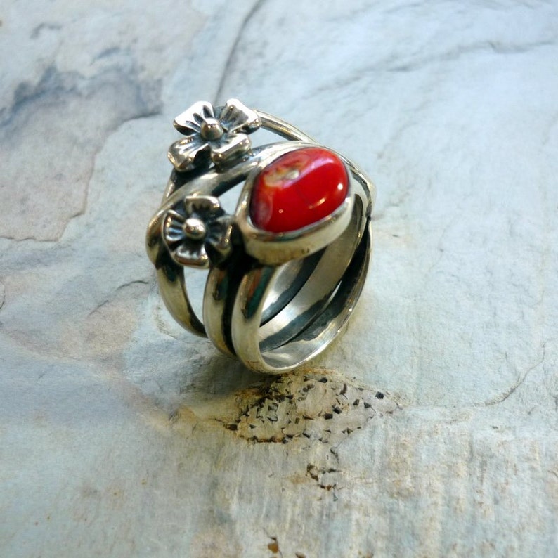 Sterling Silver Floral Ring Wide Silver Ring Silver and Red | Etsy
