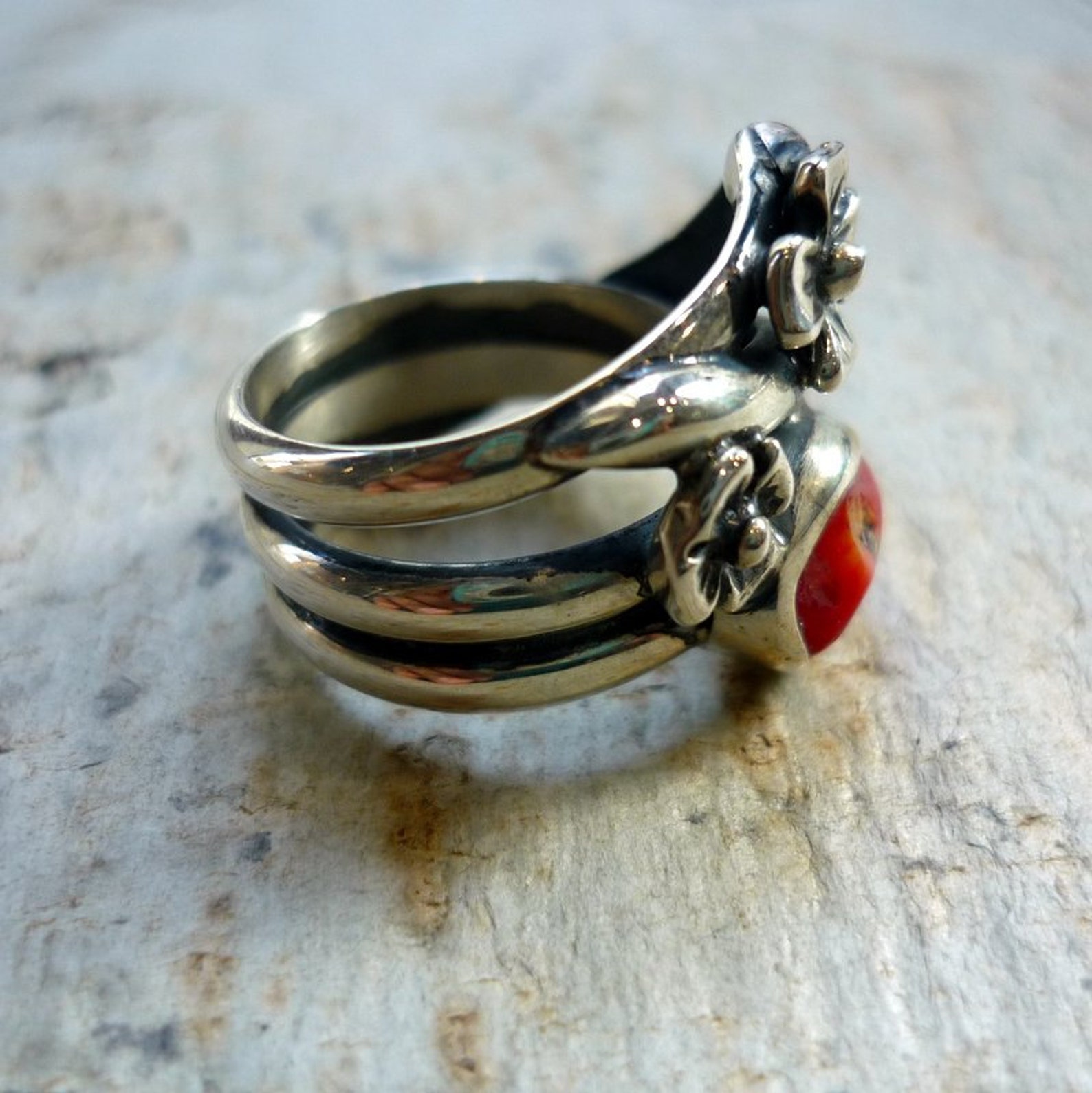 Sterling Silver Floral Ring Wide Silver Ring Silver and Red | Etsy