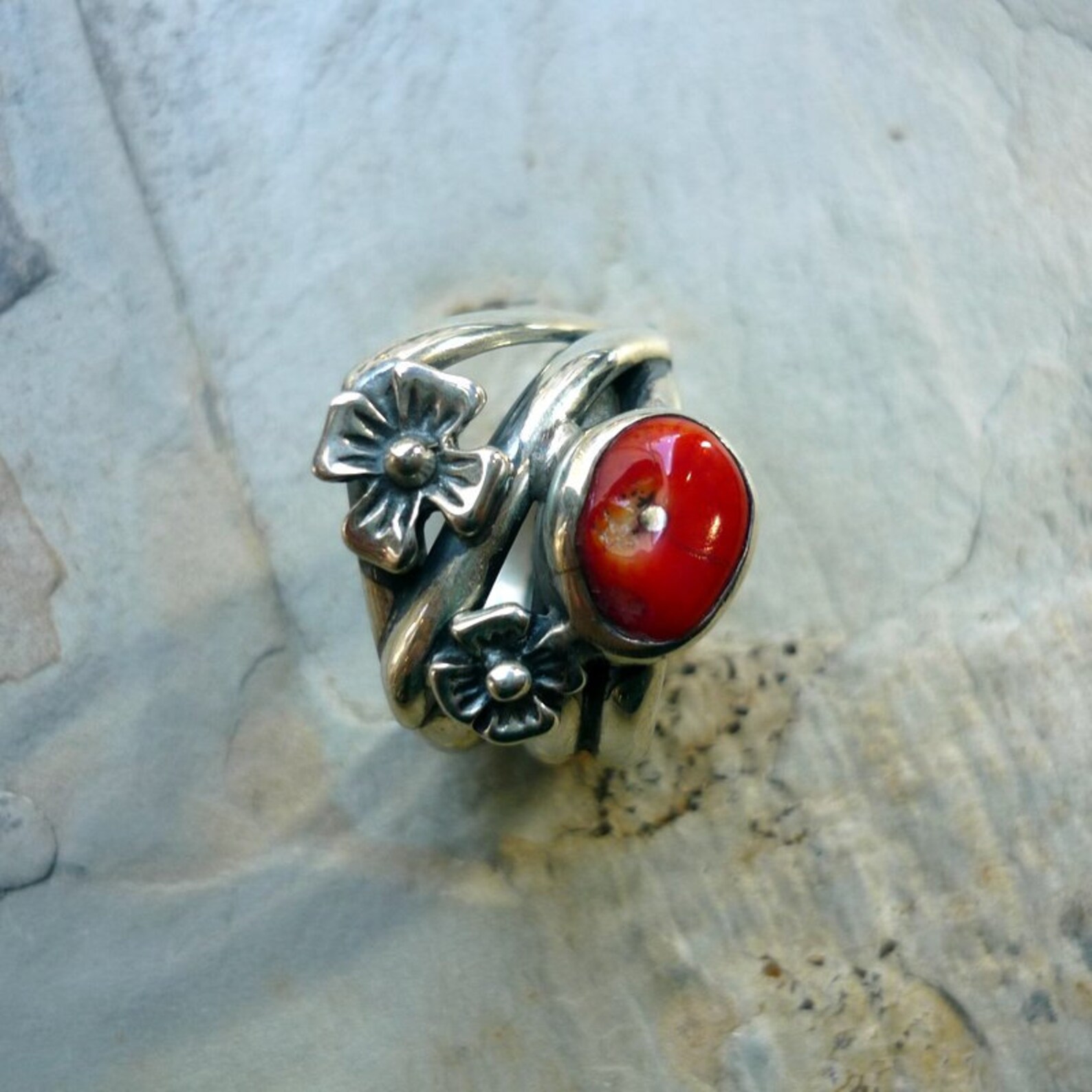 Sterling Silver Floral Ring Wide Silver Ring Silver and Red | Etsy