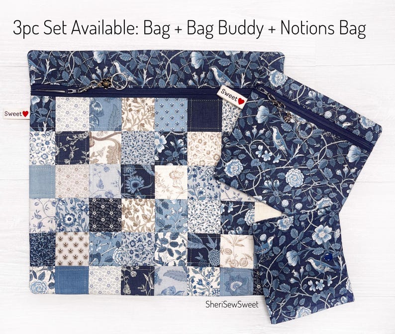 Quilted Cross Stitch Project Bag W/ French Generals "sacre Bleu" Fabric ...